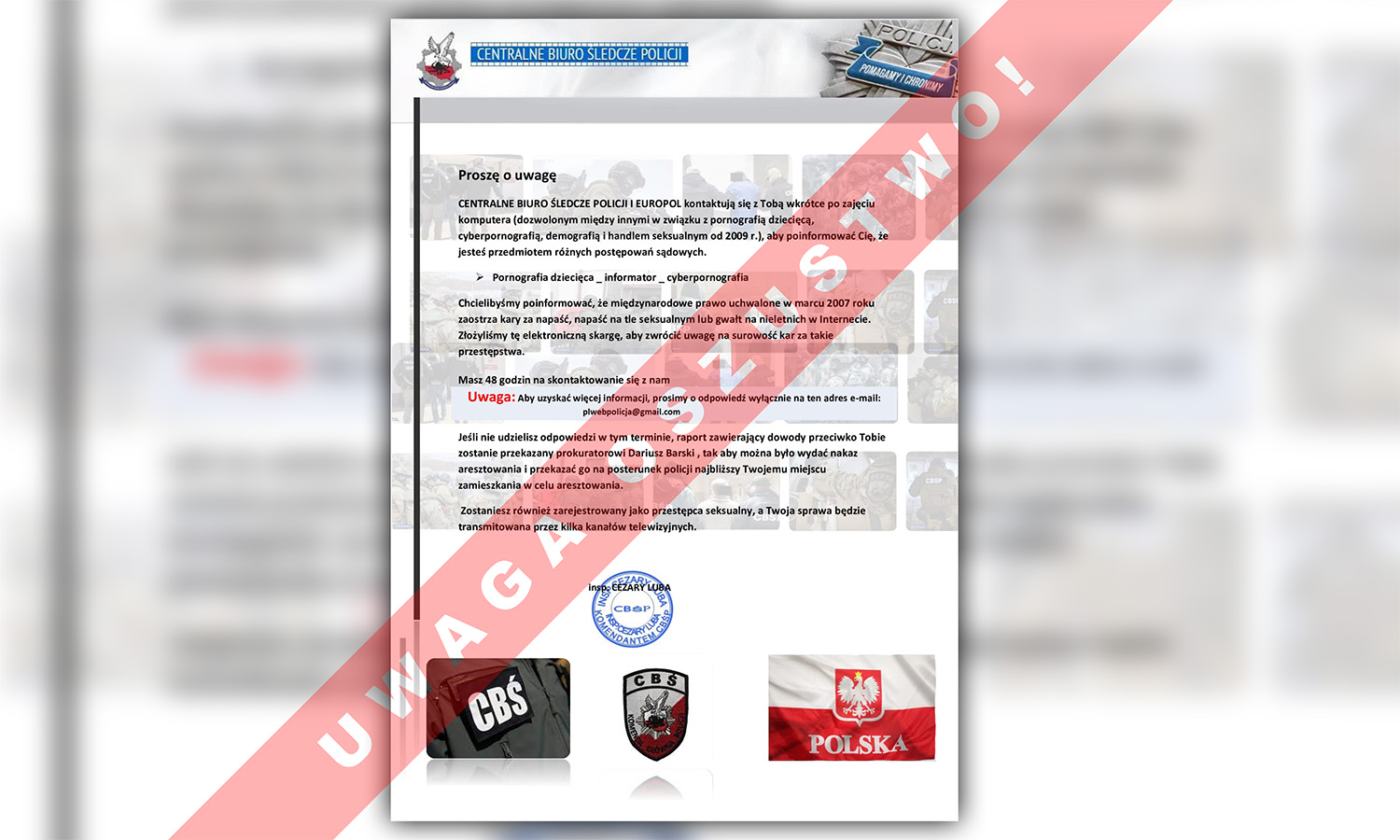 Uwaga! Kolejny raz przestępcy podszywają się pod policjantów CBŚP ...